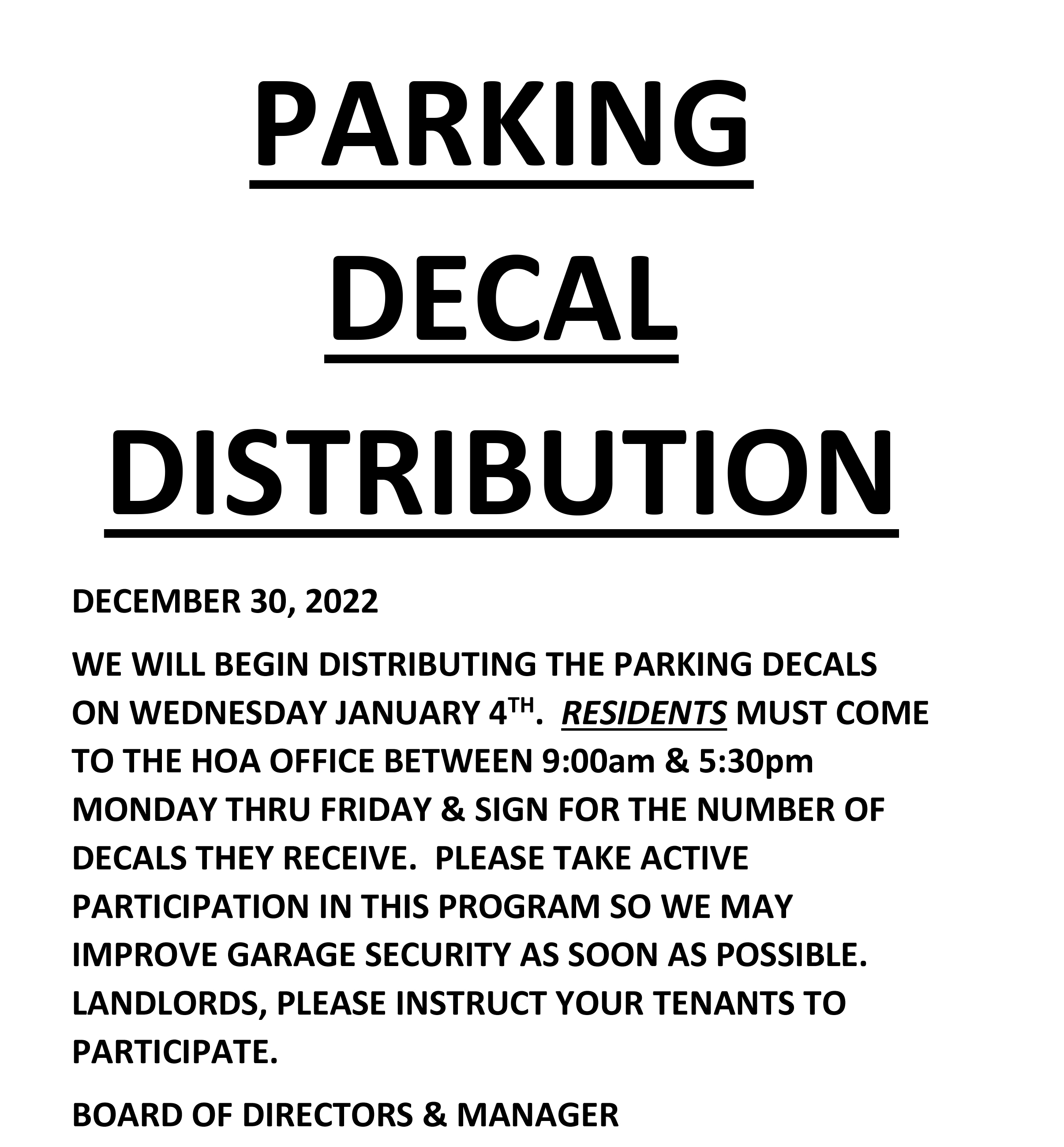 Pick up your parking decals at the office – RockRidge Manor