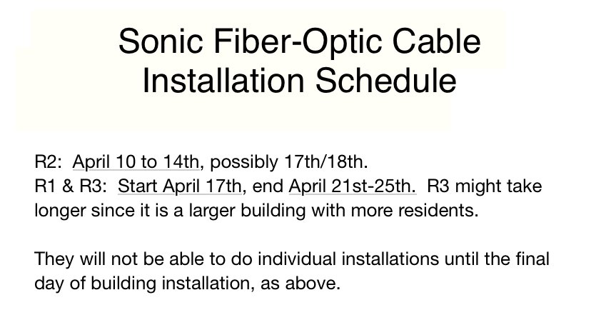 Sonic Fiber-Optic Installation Schedule – RockRidge Manor