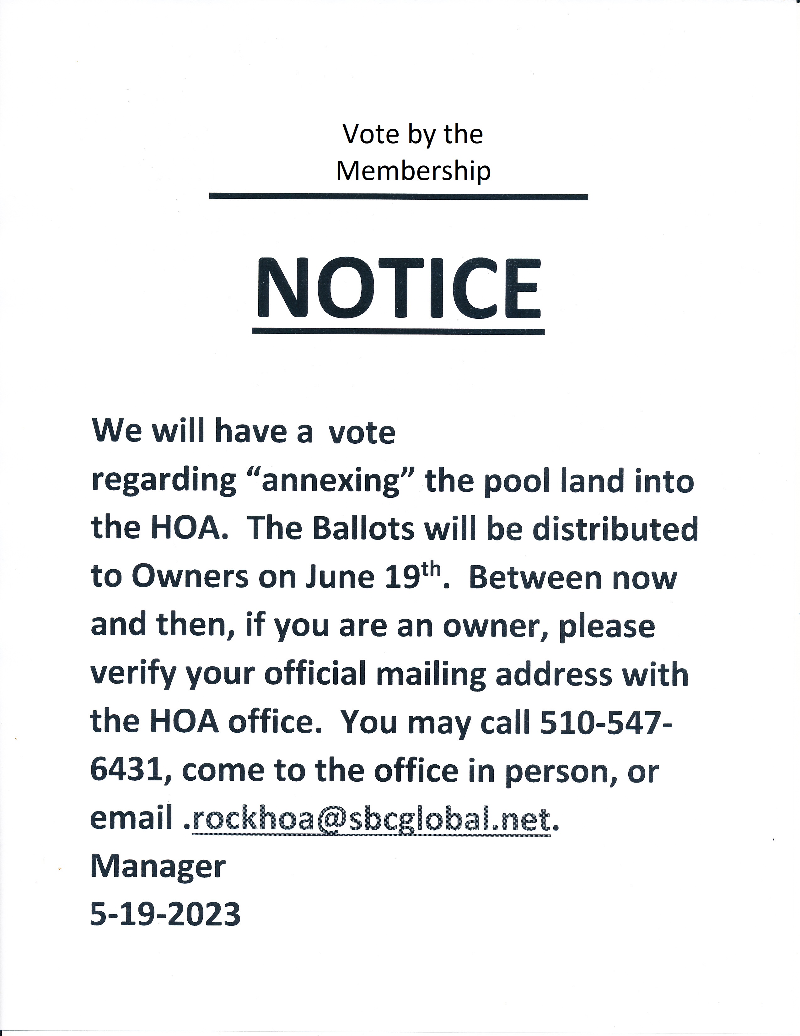 Notice of Vote by the Membership for the Annexation of the Pool Land ...
