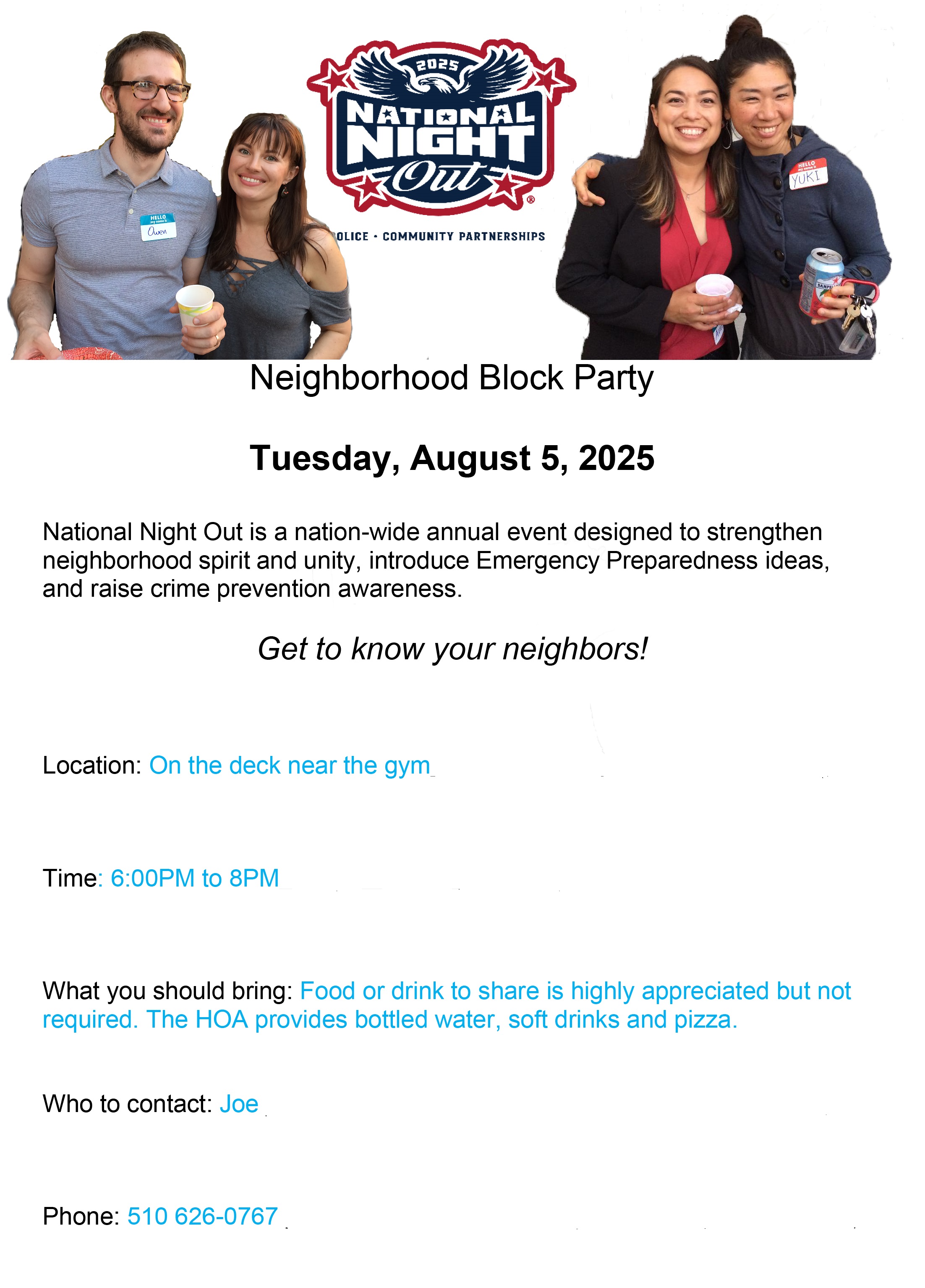 Our National Night Out Party is Tuesday August 5 from 6PM to 8PM ...